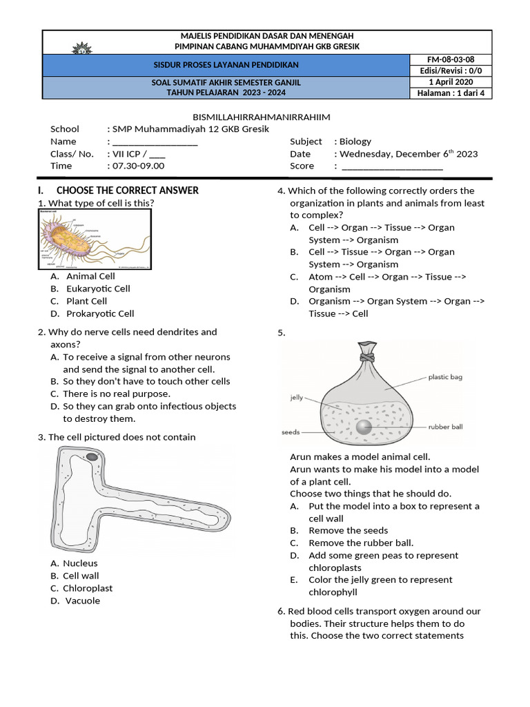 Soal Sas 7 Icp Ganjil 2023 | PDF | Cell (Biology) | Organelle