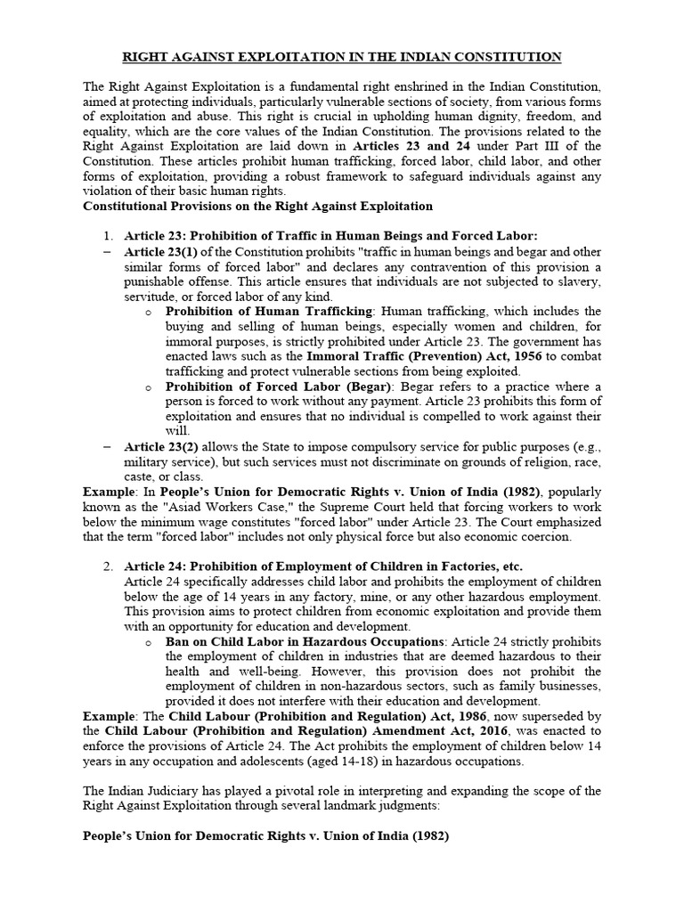 Right Against Exploitation in The Indian Constitution | PDF | Human ...