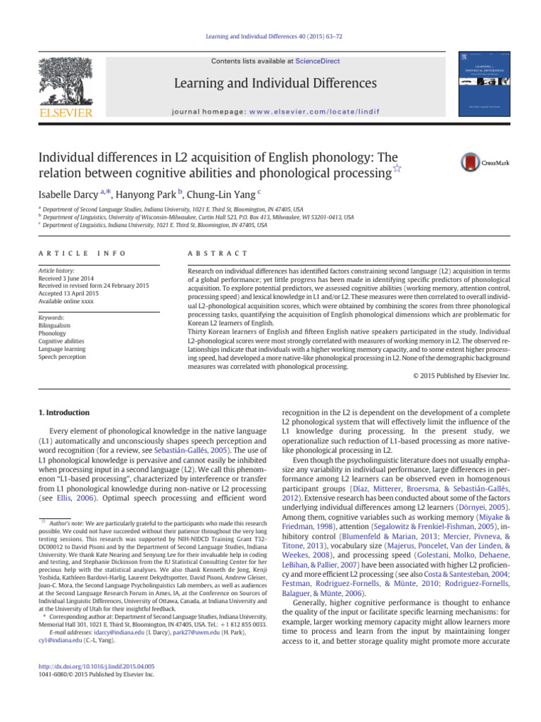 DarcyParkYang (2015) Individual Differences in L2 English Phonology Acquisition - leaiND | PDF ...