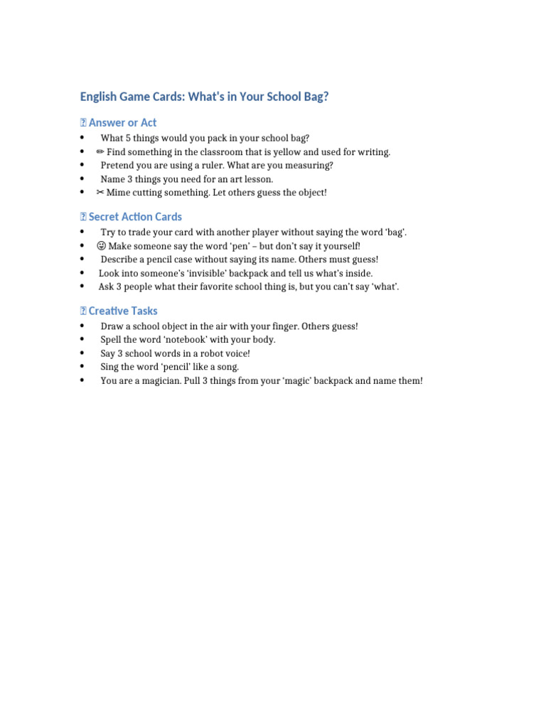 School Things Game Cards | PDF