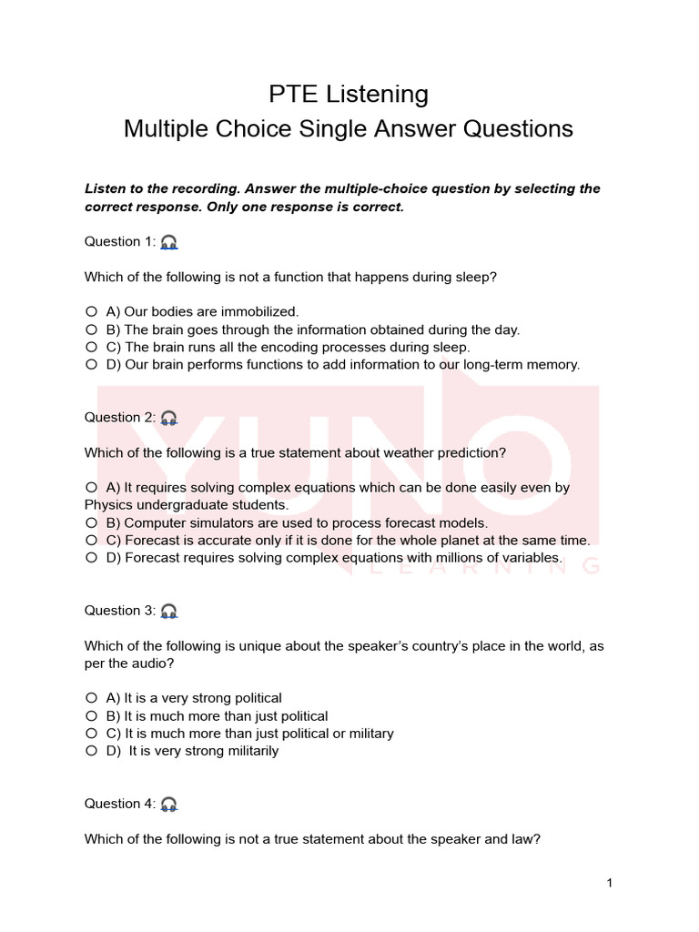 PTE Listening Multiple Choice Single Answer Questions 1698835350 | PDF