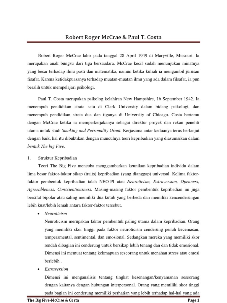 Robert Roger McCrae Lahir Pada Tanggal 28 April 1949 Di Maryville | PDF