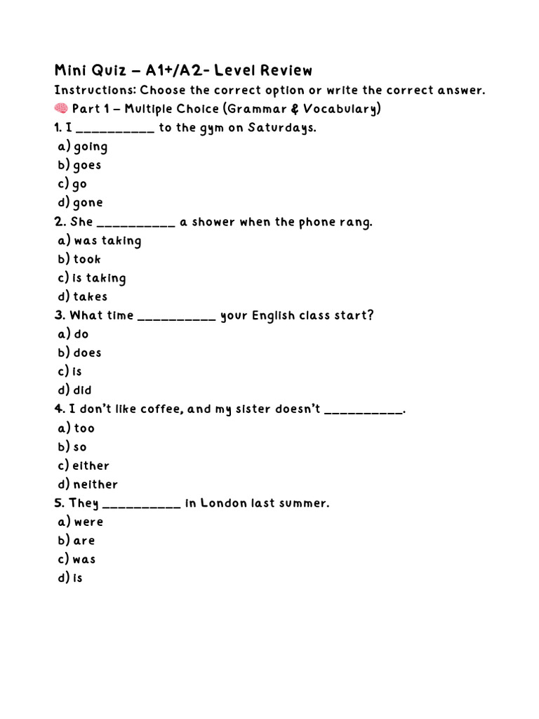 A1+/A2 Level English Mini Quiz | PDF