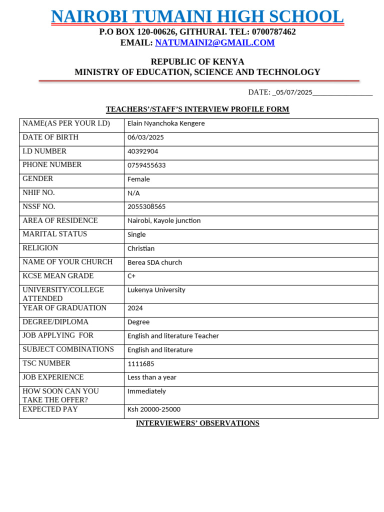 Teachers'-Staff's Interview Profile Form | PDF