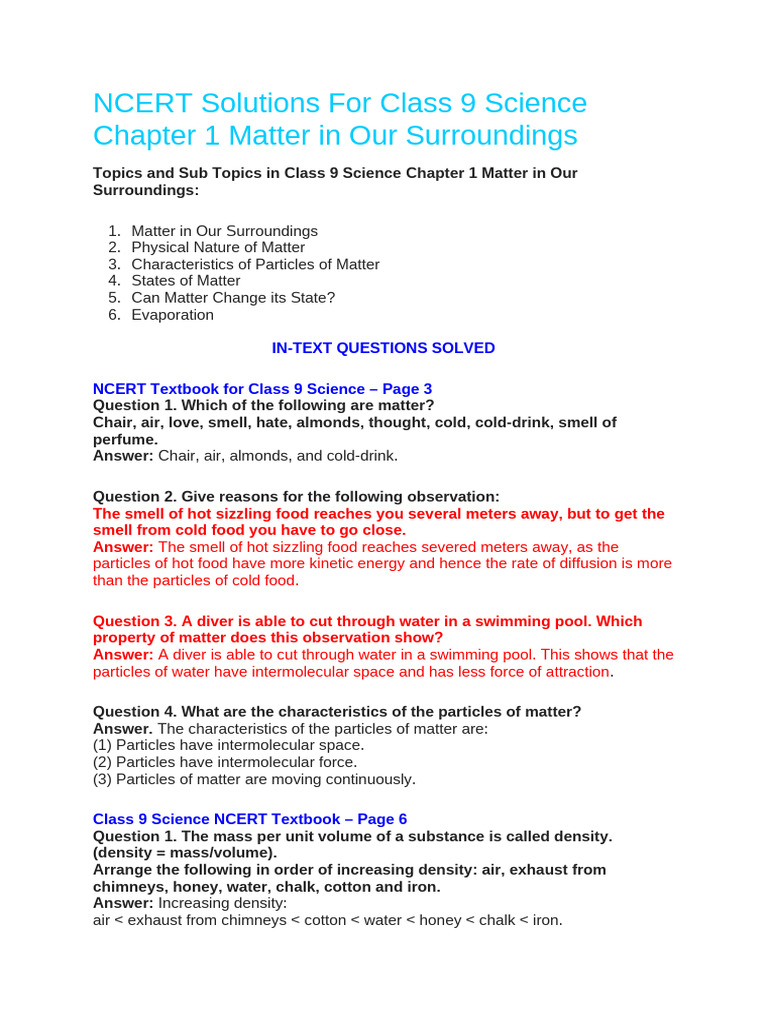 NCERT Solutions For Class 9 Science Chapter 1 Matter in Our Surroundings | PDF | Latent Heat | Water
