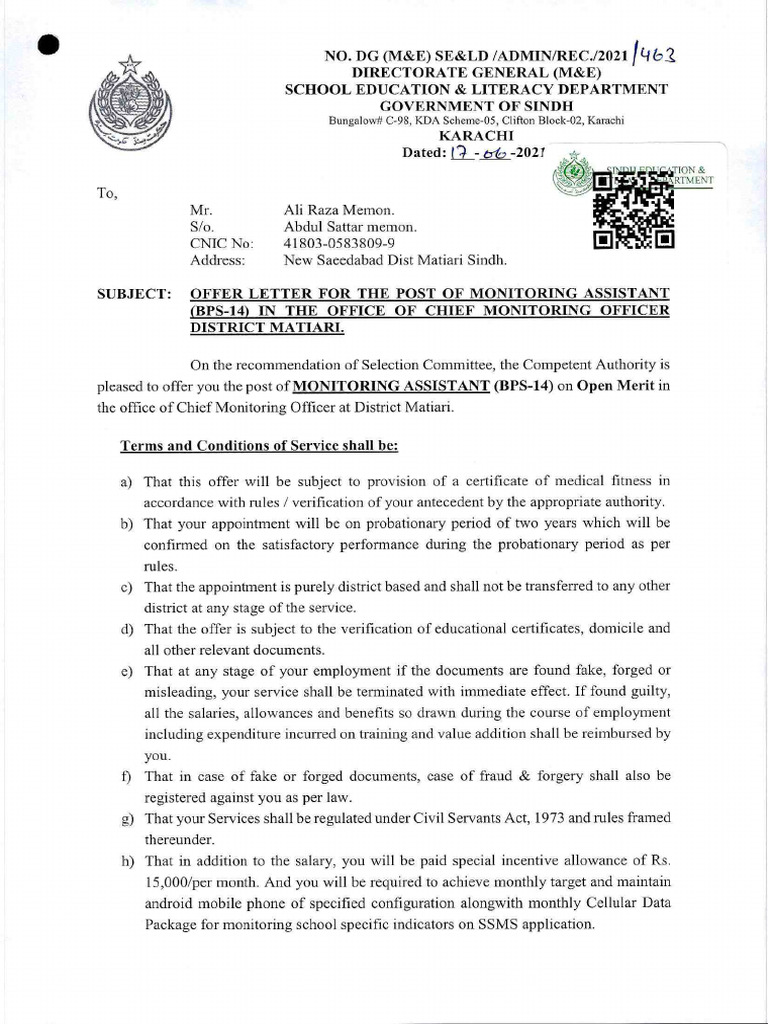 Offer Letter For The Post of Monitoring Assistant MR Ali Raza Memon | PDF