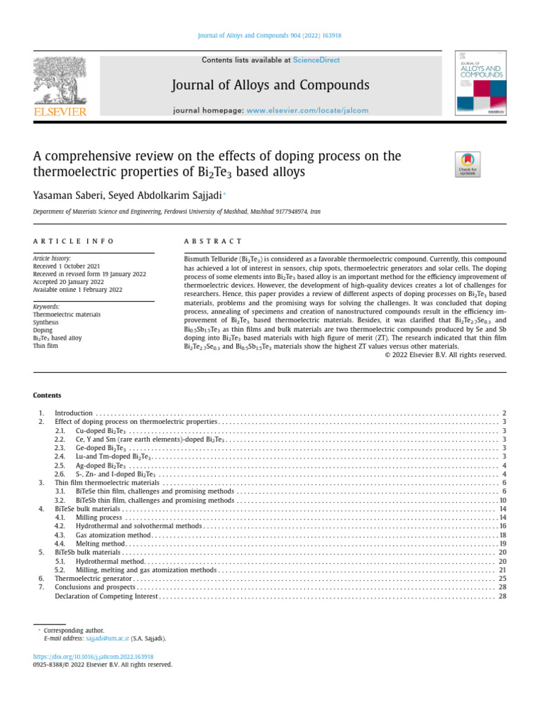 Doping Process On The Thermoelectric Properties of Bi2Te3 - 2022 | PDF ...