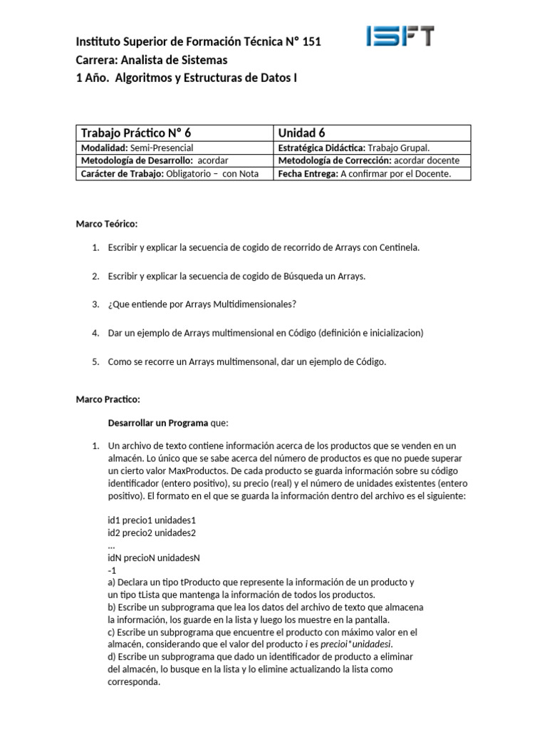 TP - Unidad 6 Recorrido y Busqueda de Arrays | PDF | Matriz ...