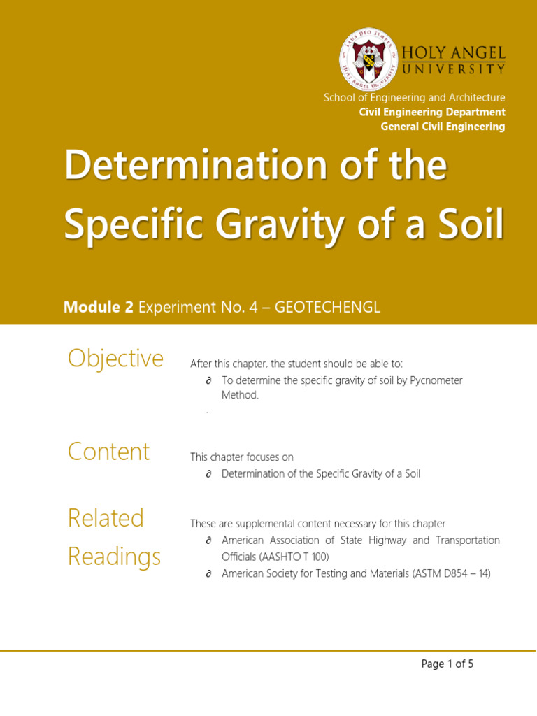 MODULE 2-EXPERIMENT NO. 4-Determination of The Specific Gravity of A Soil | PDF | Density | Silt