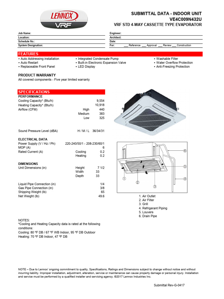 Lennox-Vrf Submittals Idu Ve4c009n STD | PDF | Electromechanical ...