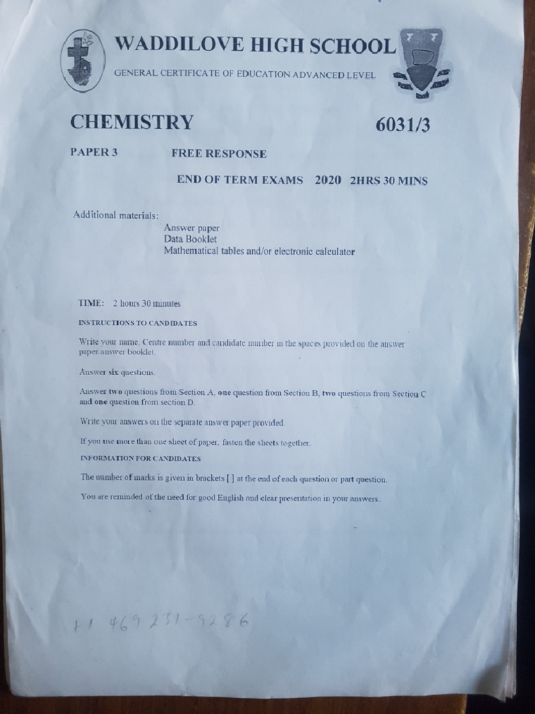 waddilove chem p3. Chemistry.Exam. Paper | PDF