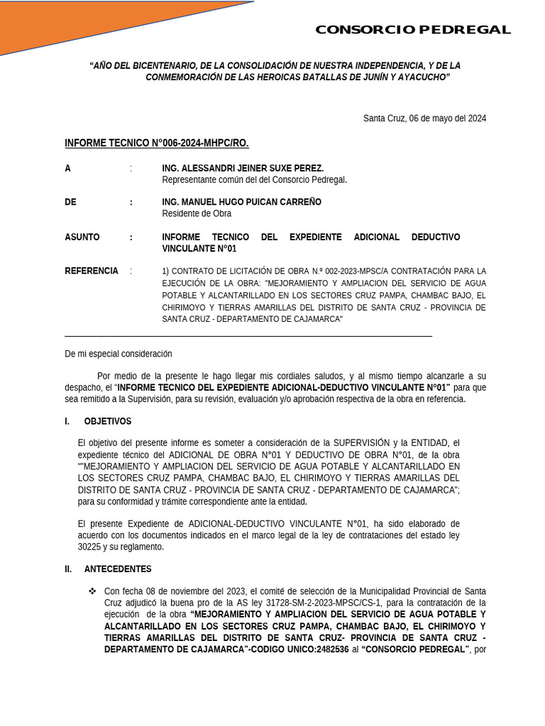 Informe Tecnico Del Adicional-Deductivo N°01-Ok | PDF | Alcantarillado | La contaminación del agua