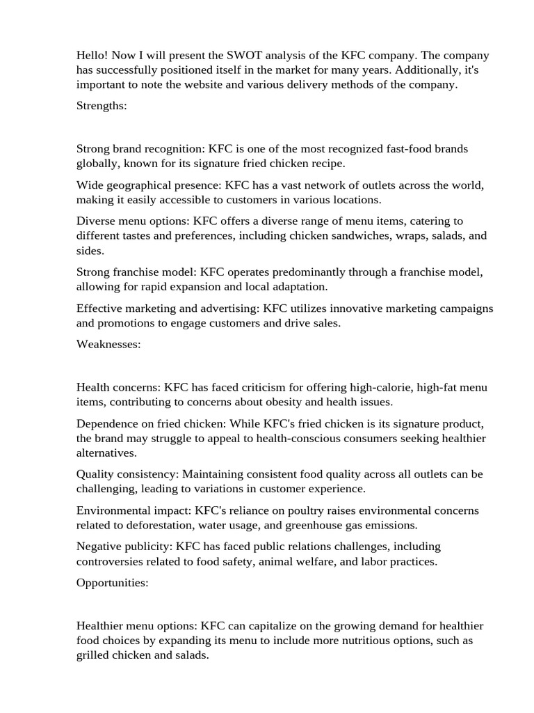 KFC SWOT Analysis Overview 2025 | PDF | Fast Food | Economies