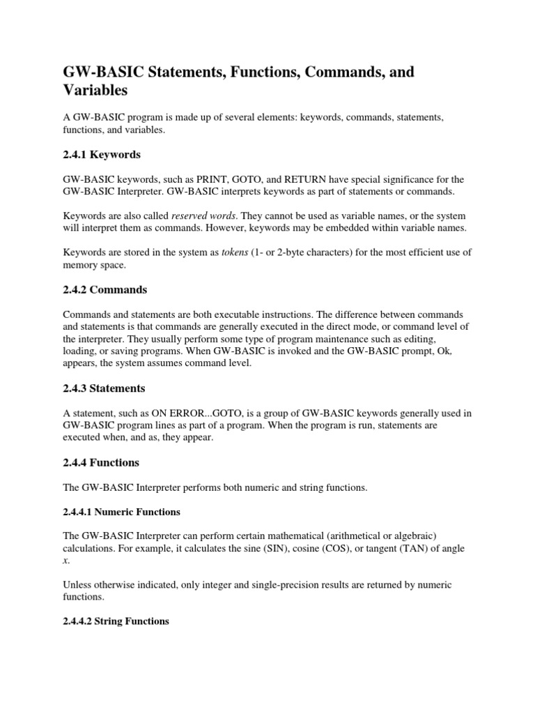 GW-BASIC Statements, Functions, Commands, and Variables: 2.4.1 Keywords | PDF | Teaching Methods ...