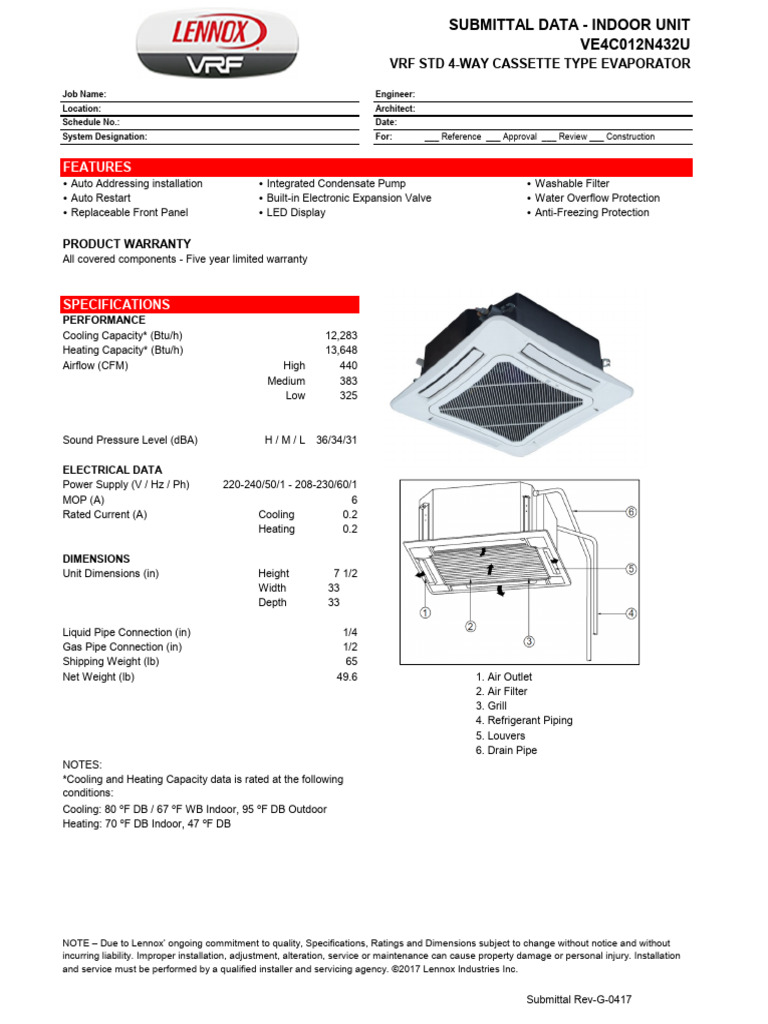 Lennox-Vrf Submittals Idu Ve4c012n STD | PDF | Chemical Engineering | Heat Transfer