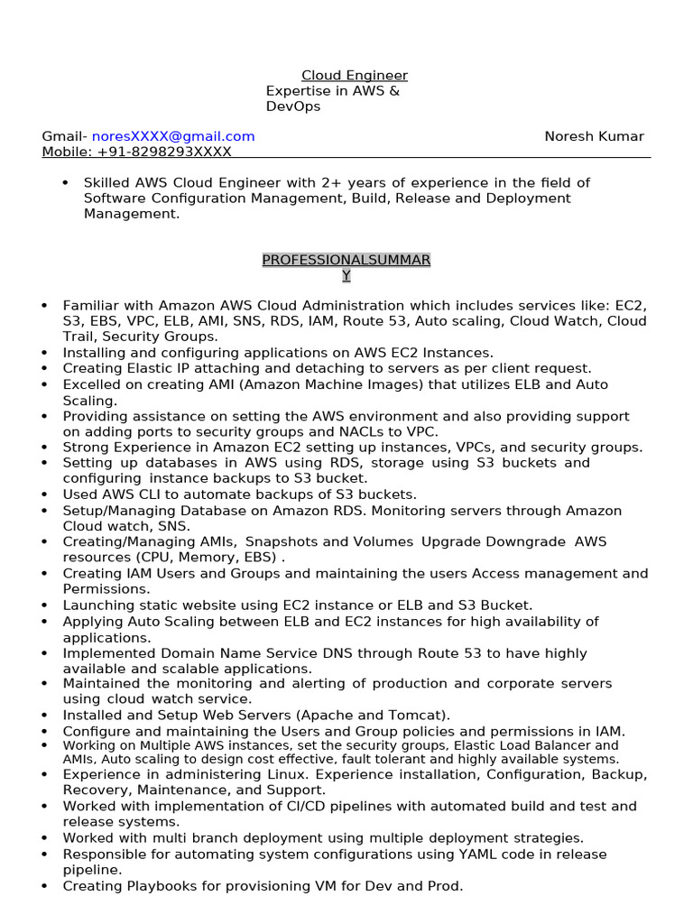 AWS Cloud Engineer Resume Word - Noresh | PDF | Cloud Computing | Amazon Web Services