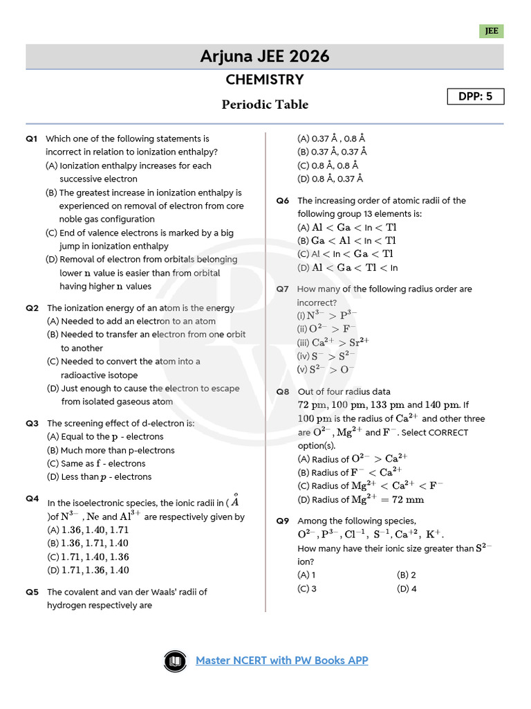 Periodic Table - DPP 05 (Of Lec 09) | PDF | Periodic Table | Atoms