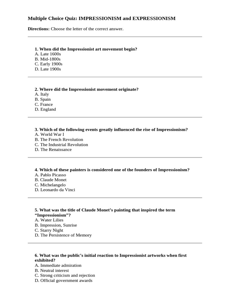Copy Mapeh Impressionism and Expressionism Quiz | PDF | Expressionism ...
