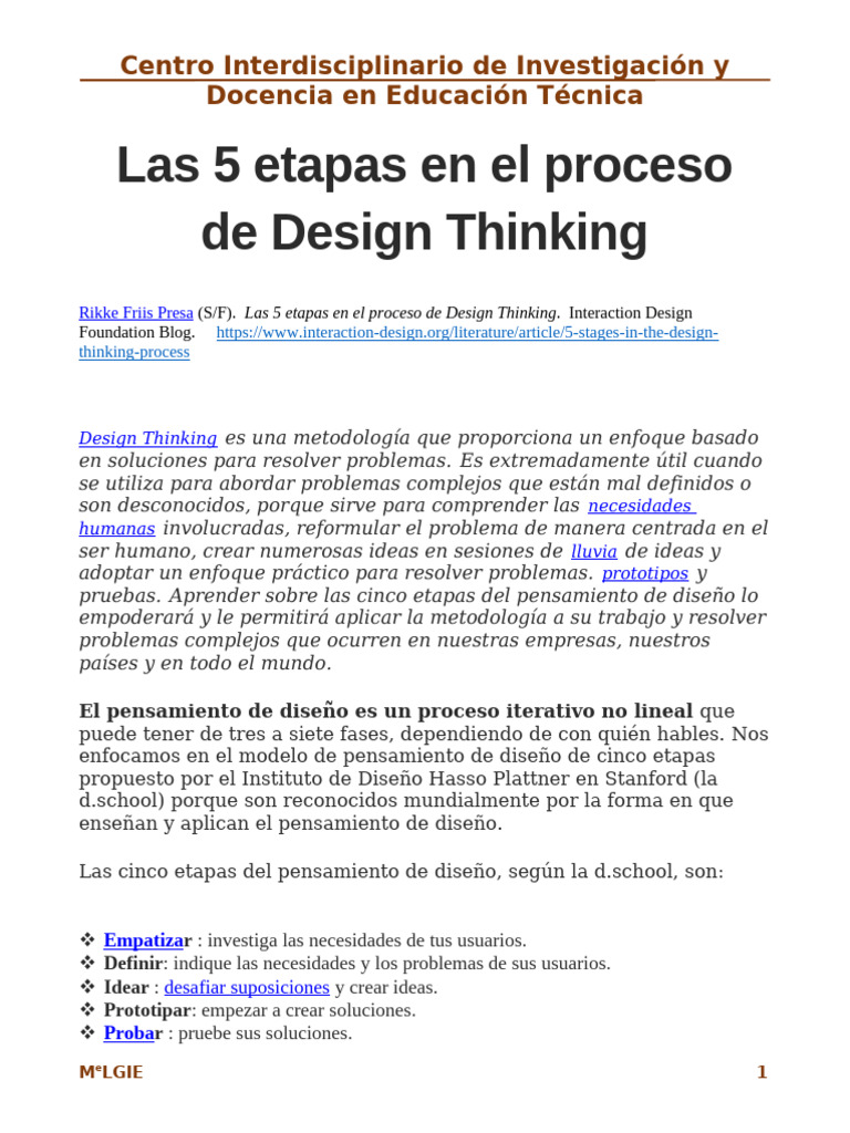 Los Cinco Pasos Del Design Thinking | PDF | El pensamiento de diseño ...