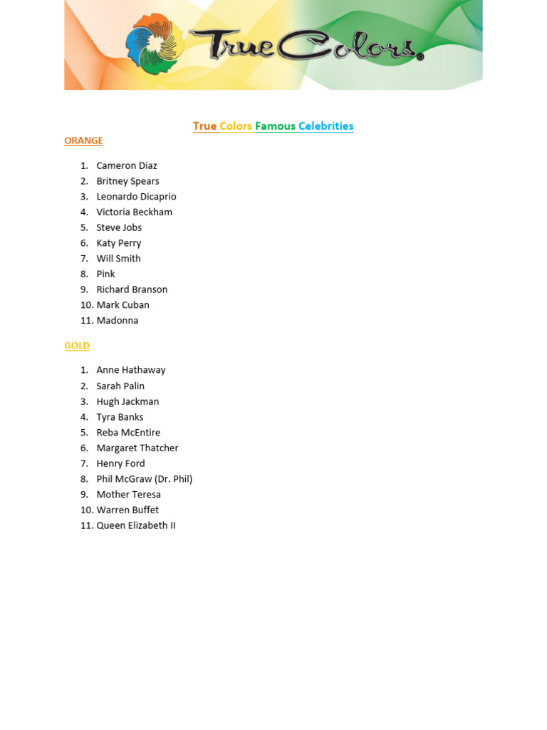 True Colors of Famous Celebrities | PDF