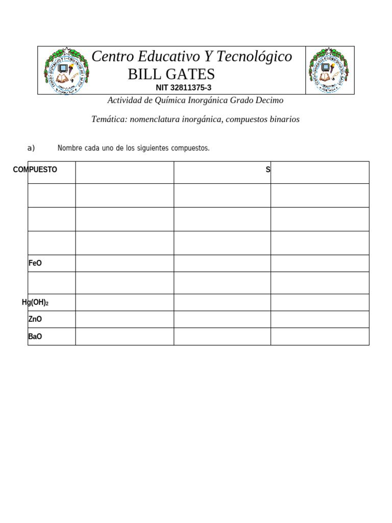 Actividad de Ejercicios Nomenclatura Grado Decimo | PDF