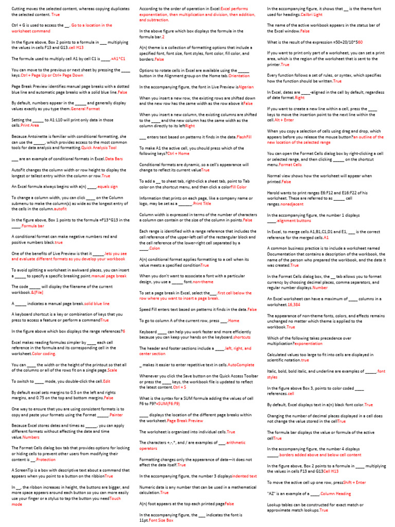 CGS 2518 Quizlet Cheat Sheet | PDF | Microsoft Excel | Computing