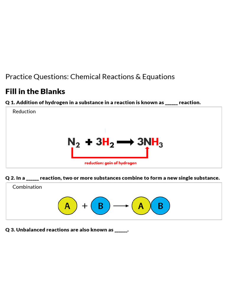 Chemical Reactions Practice Questions | PDF | Chemical Reactions | Redox