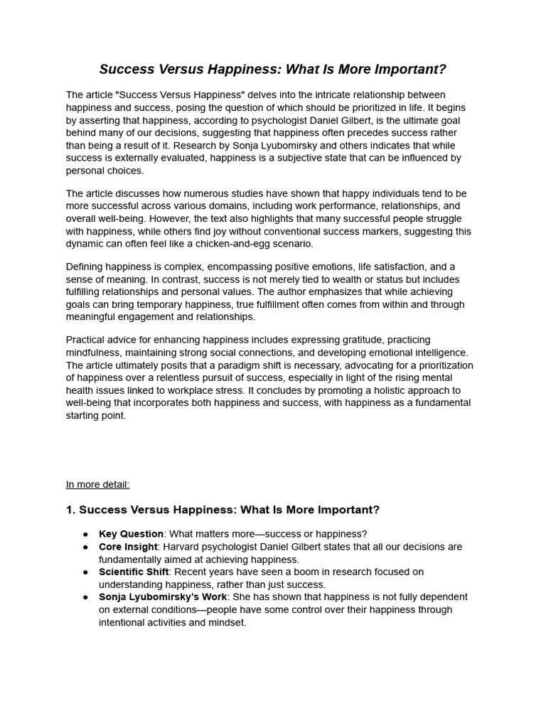 Success vs. Happiness: Prioritizing Joy | PDF | Happiness | Well Being