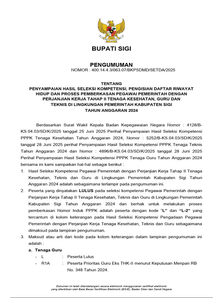 Pengumuman Kelulusan PPPK Tahun 2024 Tahap II-1 | PDF