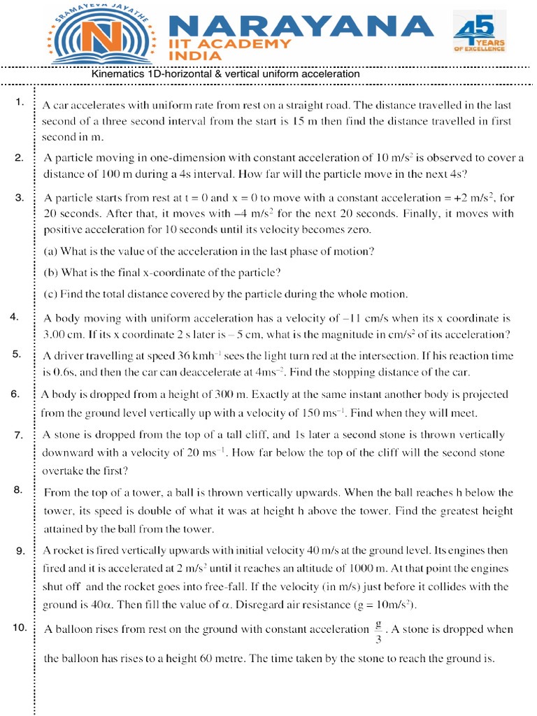 Kinematics 1D Horizontal & Vertical Uniform Acceleration | PDF