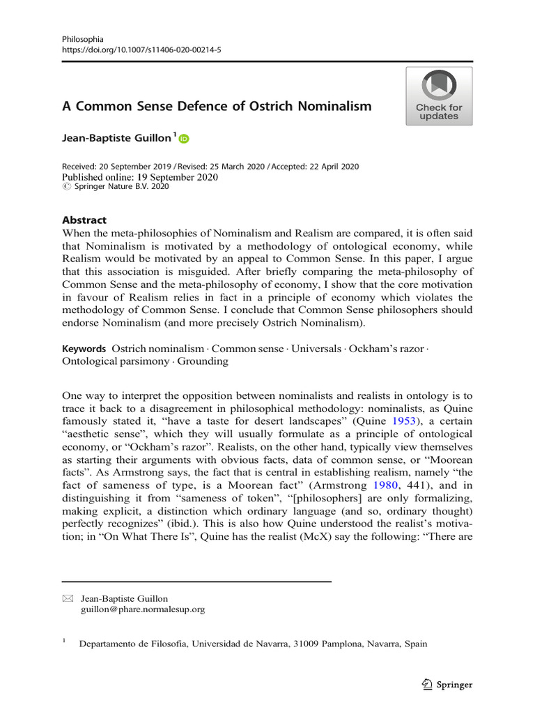 A Common Sense Defence of Ostrich Nominalism (Jean-Baptiste Guillon ...