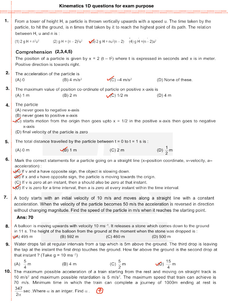 Kinematics 1D Questions For Exam Purpose | PDF