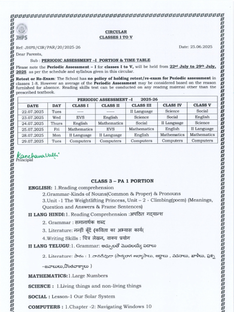 20-Pa-I Portion & Time Table-Class 3 | PDF