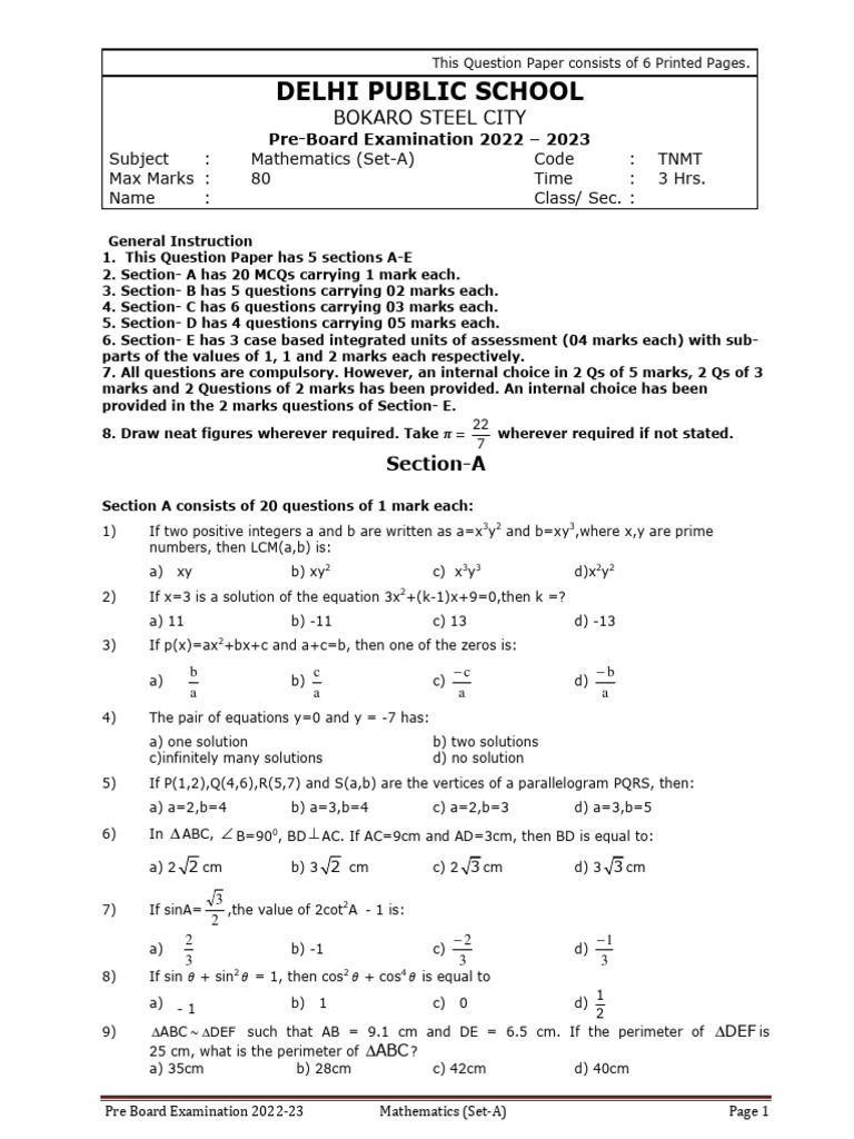 Pre-Board Math Exam 2022-23 Set A | PDF | Sphere | Air Traffic Control