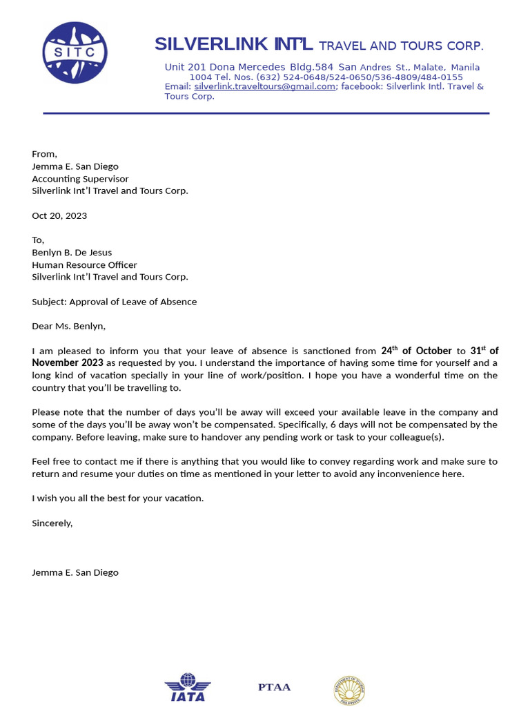 Approved Leave of Absence Notification | PDF