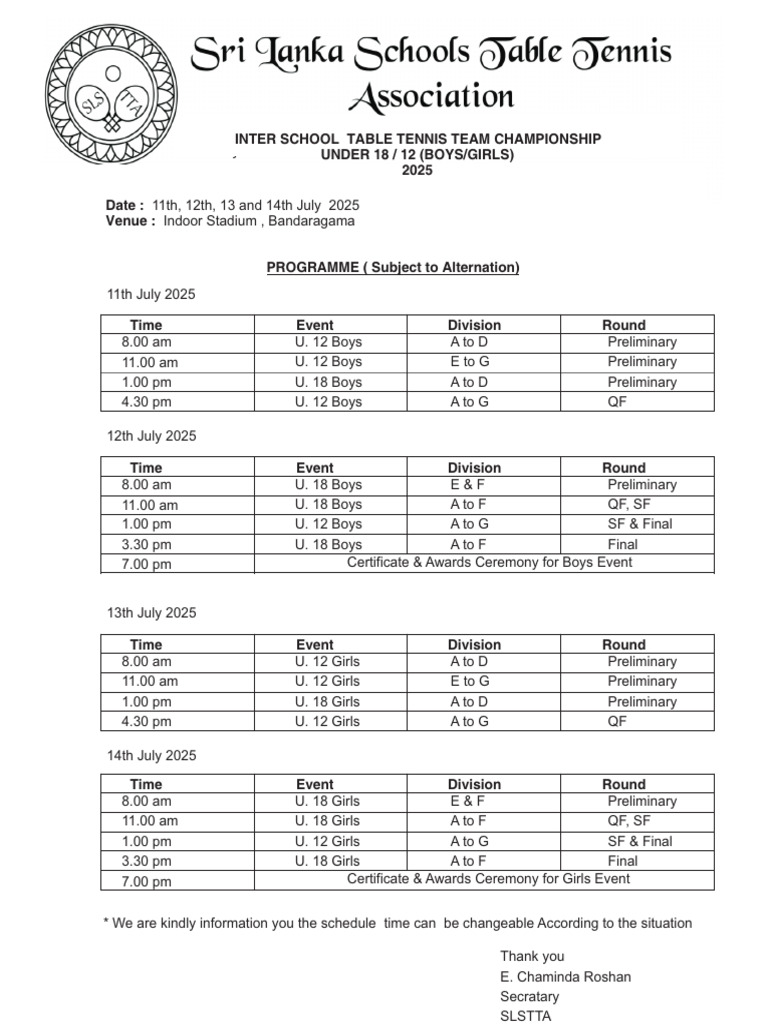 Table Tenis Sri Lanka Roshan Letter 2025 FFFF | PDF