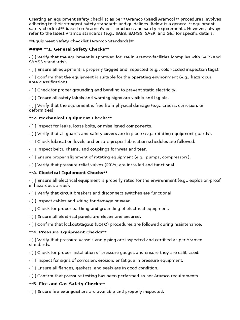 Aramco Equipment Safety Checklist | PDF | Occupational Safety And ...