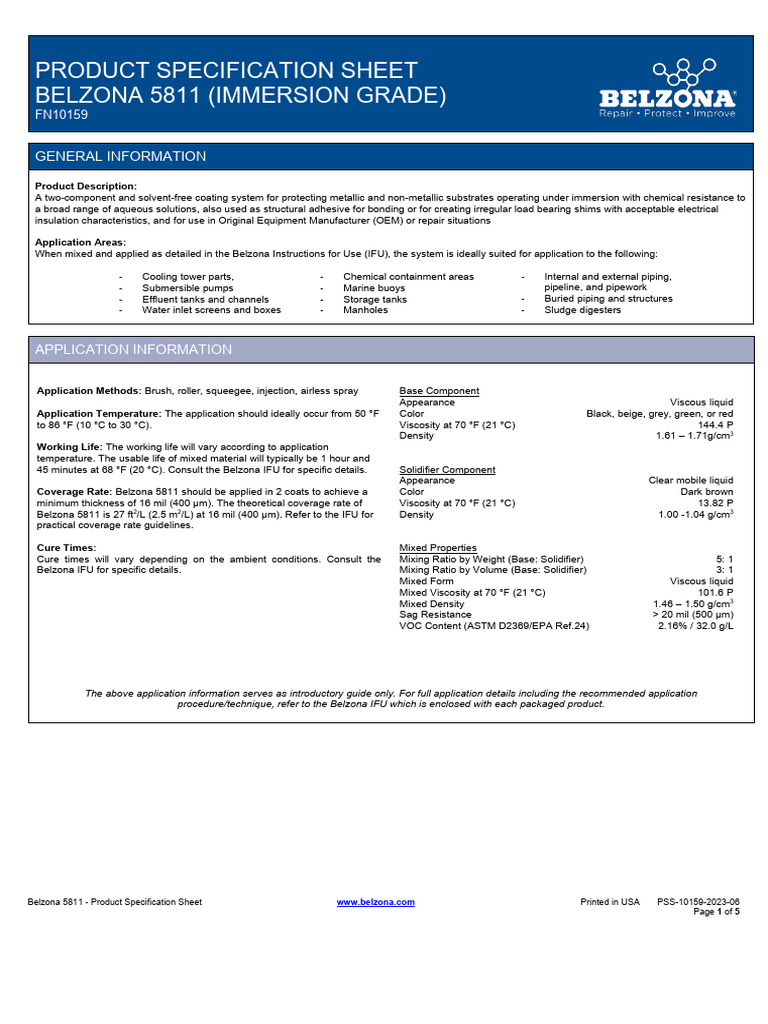Belzona 5811 Product Specification Sheet | PDF | Viscosity | Liquids