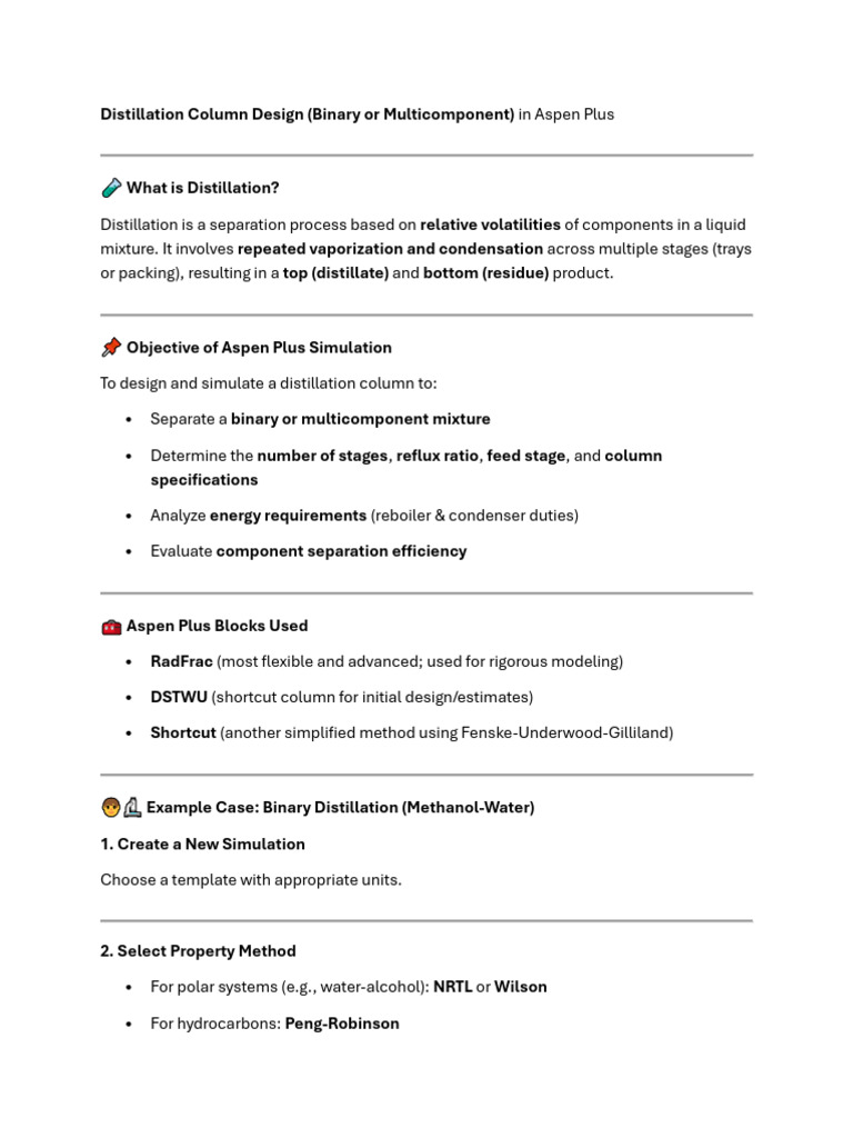 Distillation Column Design (Binary or Multicomponent) in Aspen Plus | PDF | Distillation ...
