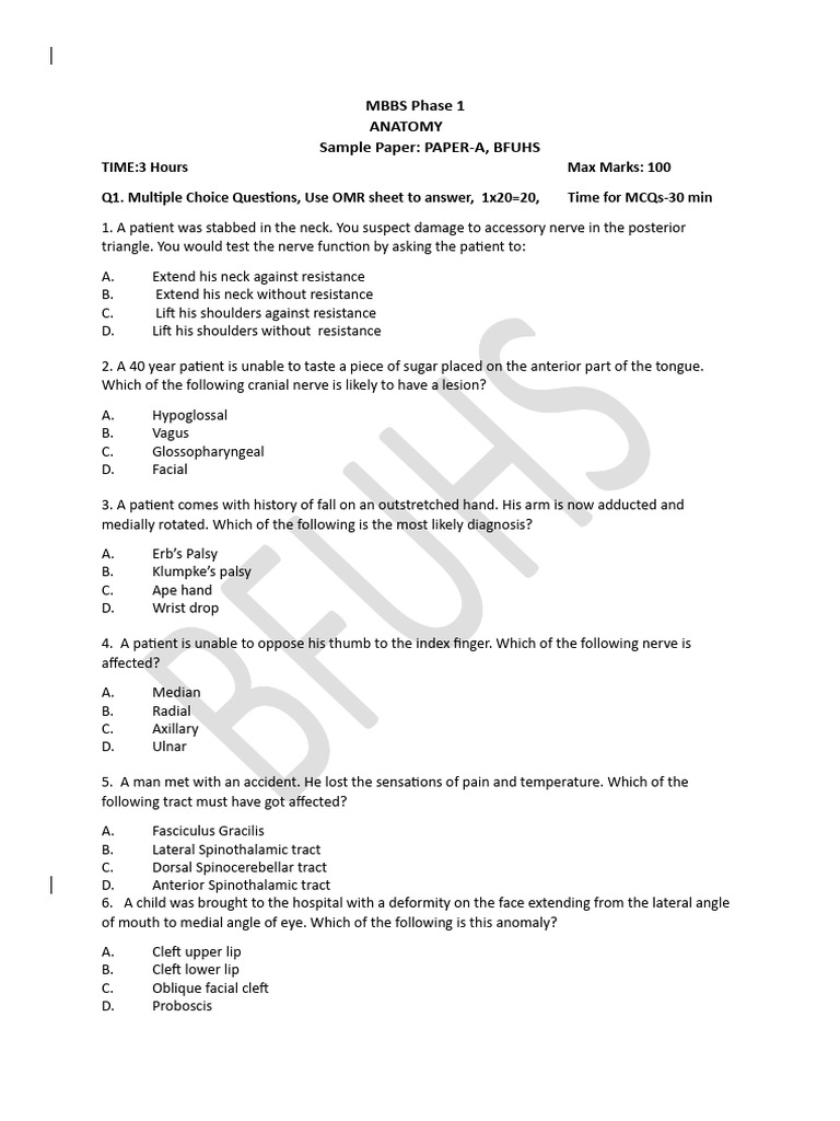 BFUHS MBBS Anatomy Sample Paper 2025 | PDF | Elbow | Nervous System