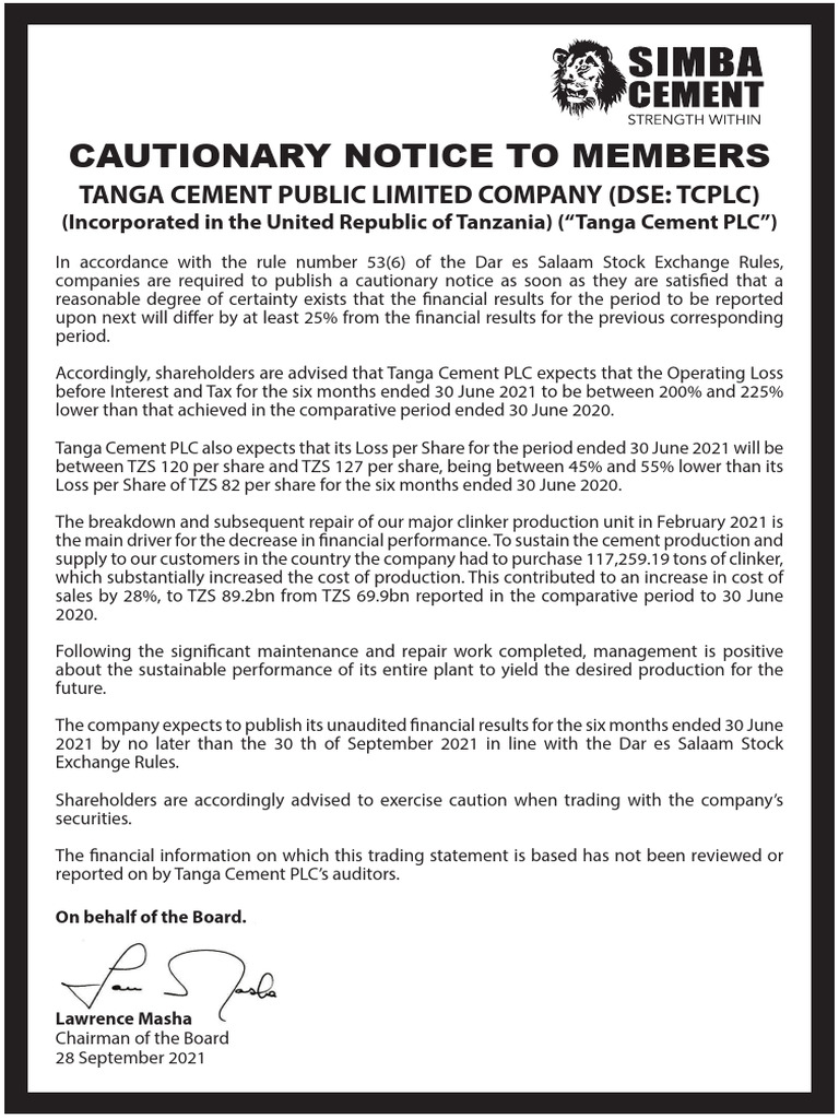 Tanga Cement Public Limited Company (Dse: TCPLC) : Cautionary Notice To ...