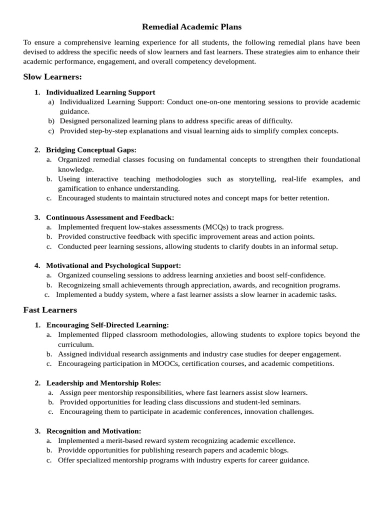 Action Plan For Slow and Fast Learner b2b | PDF | Mentorship | Learning