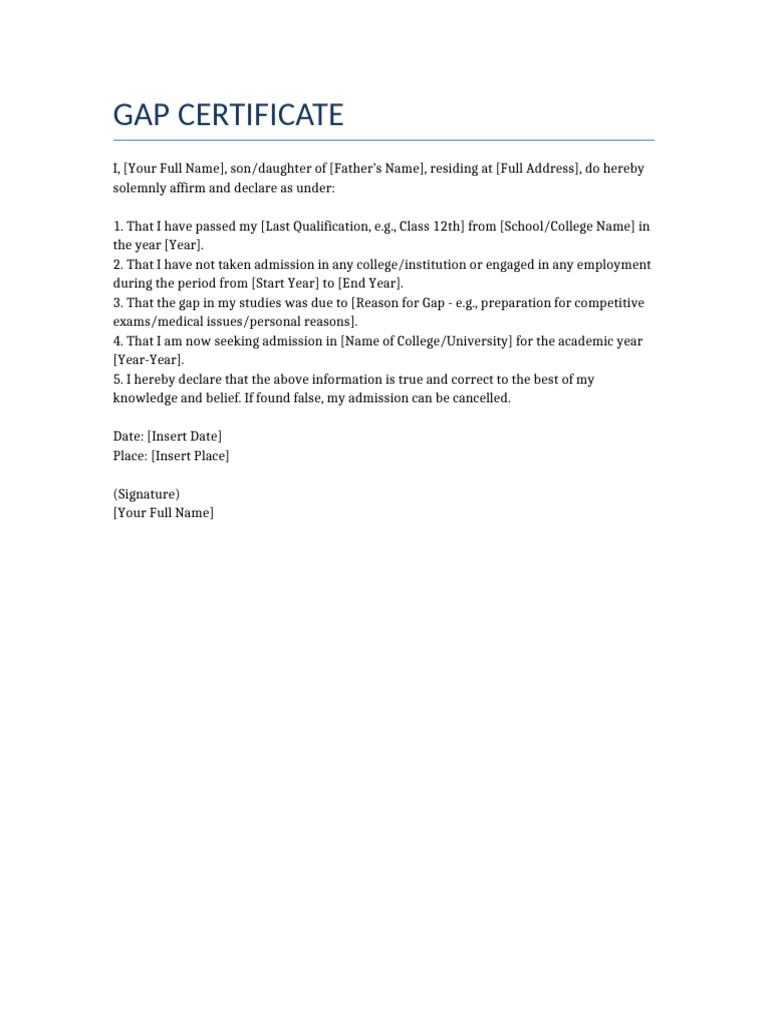 Gap Certificate Template for College Admission | PDF