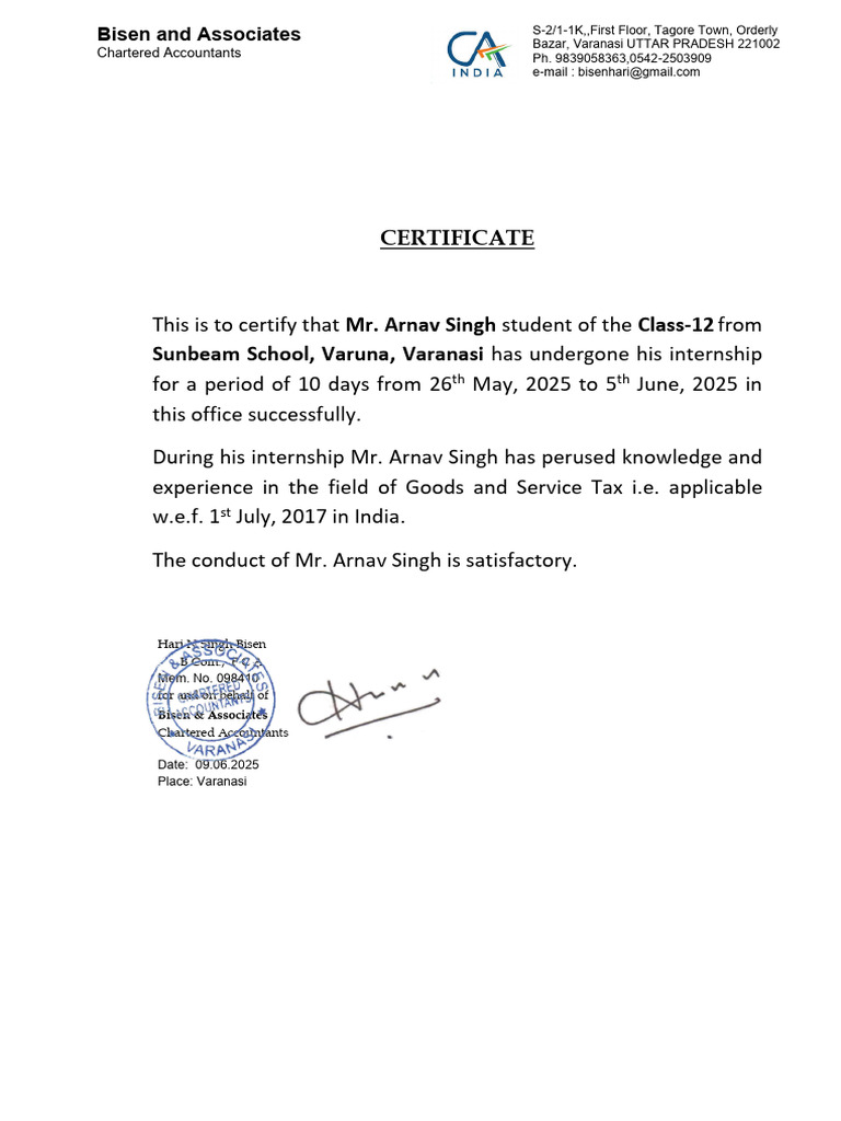 Certificate - Mr. Arnav Singh | PDF