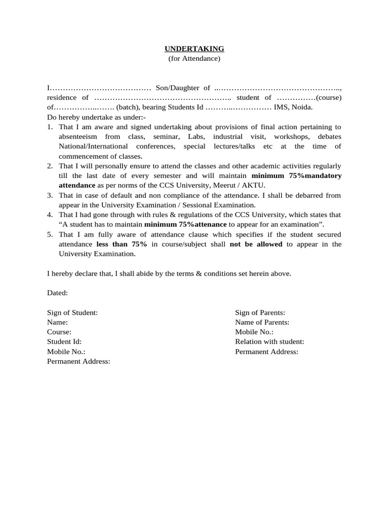 Undertaking For Attendance | PDF
