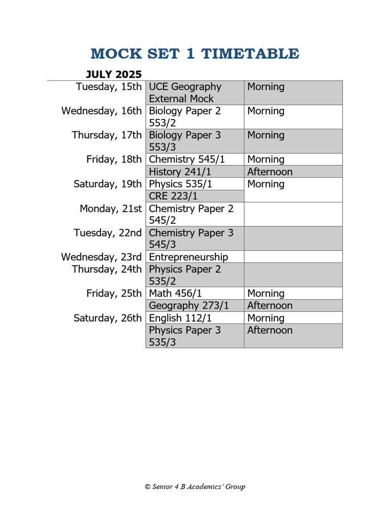 Mock Exam Timetable July 2025 | PDF