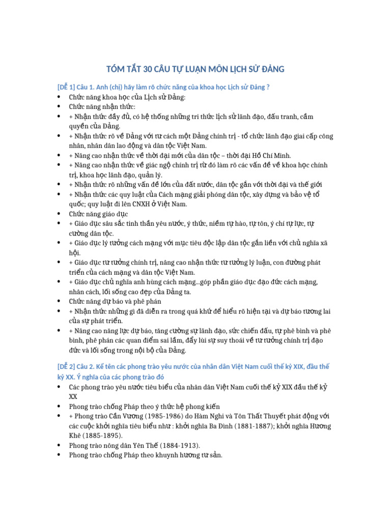 Tom Tat 30 Cau Tu Luan Lich Su Dang | PDF