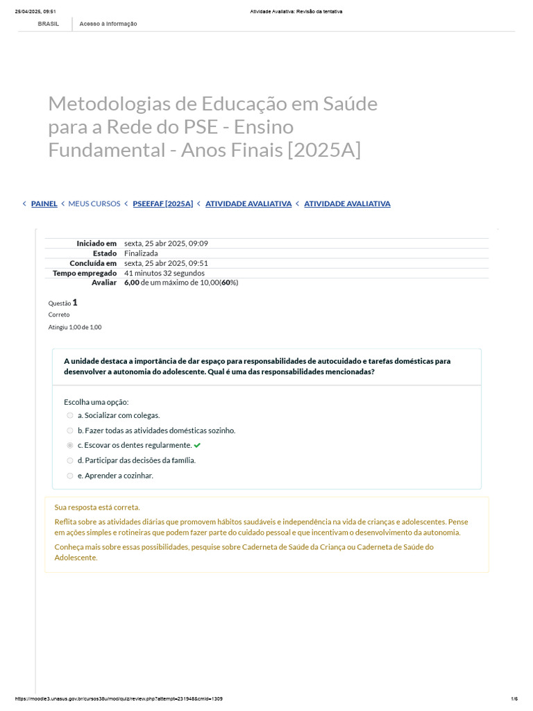 Atividade Avaliativa - Revisão Da Tentativa 01 Nota 06 | PDF | Aprendizado | Adolescência