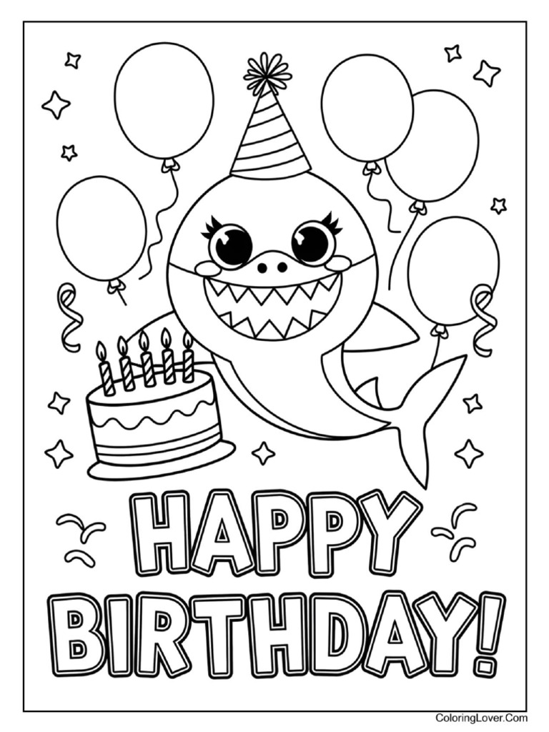 Birthday Shark With Balloons and Cake Coloring Sheet | PDF