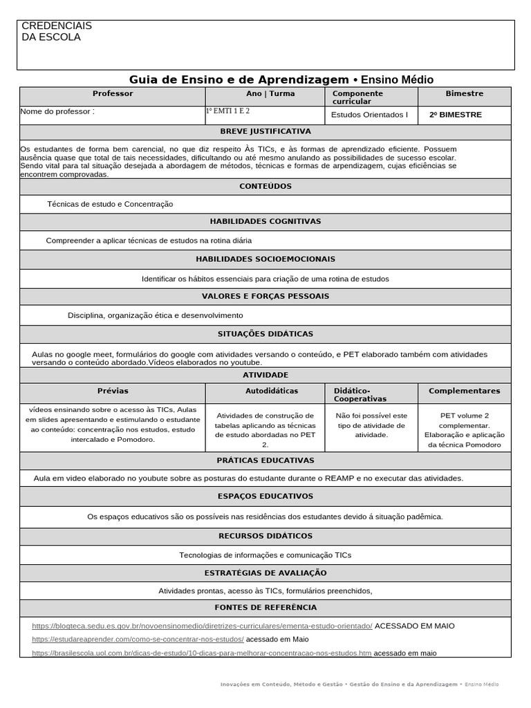 Guia de Ensino e Aprendizagem para Planejamento Eoi Diógenes 2º Bimestre | PDF | Tecnologia da ...